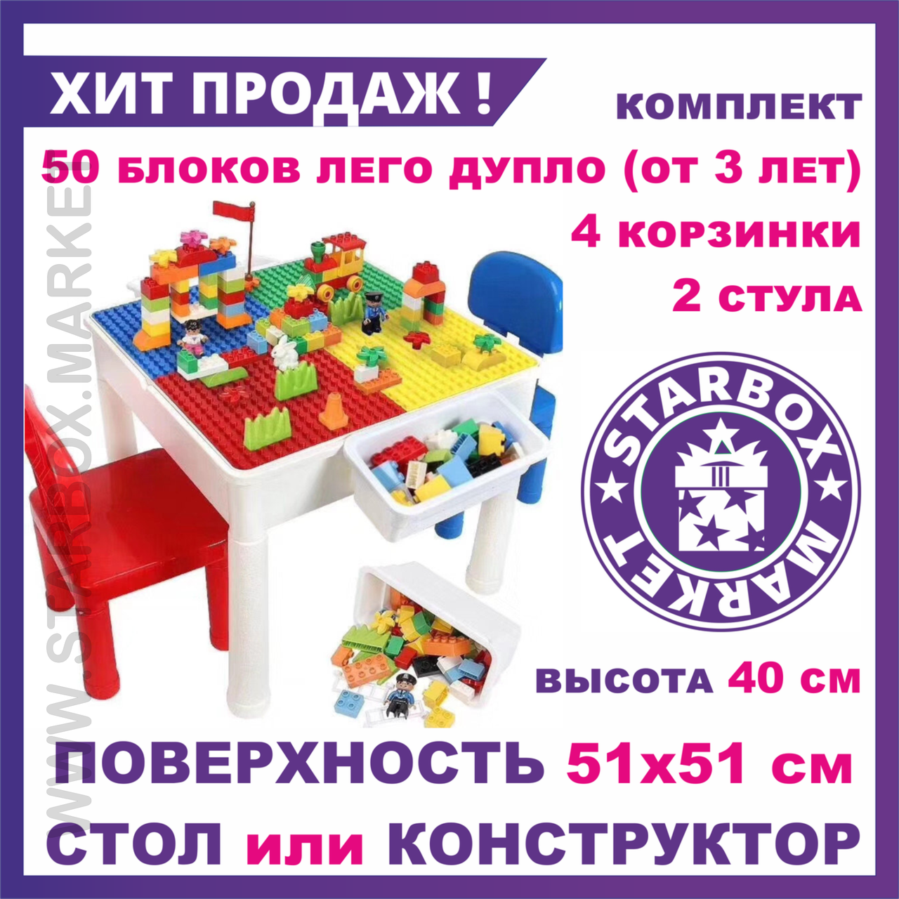Стол конструктор Lego Duplo с 2 стульями, 3 в 1 детский стол ...